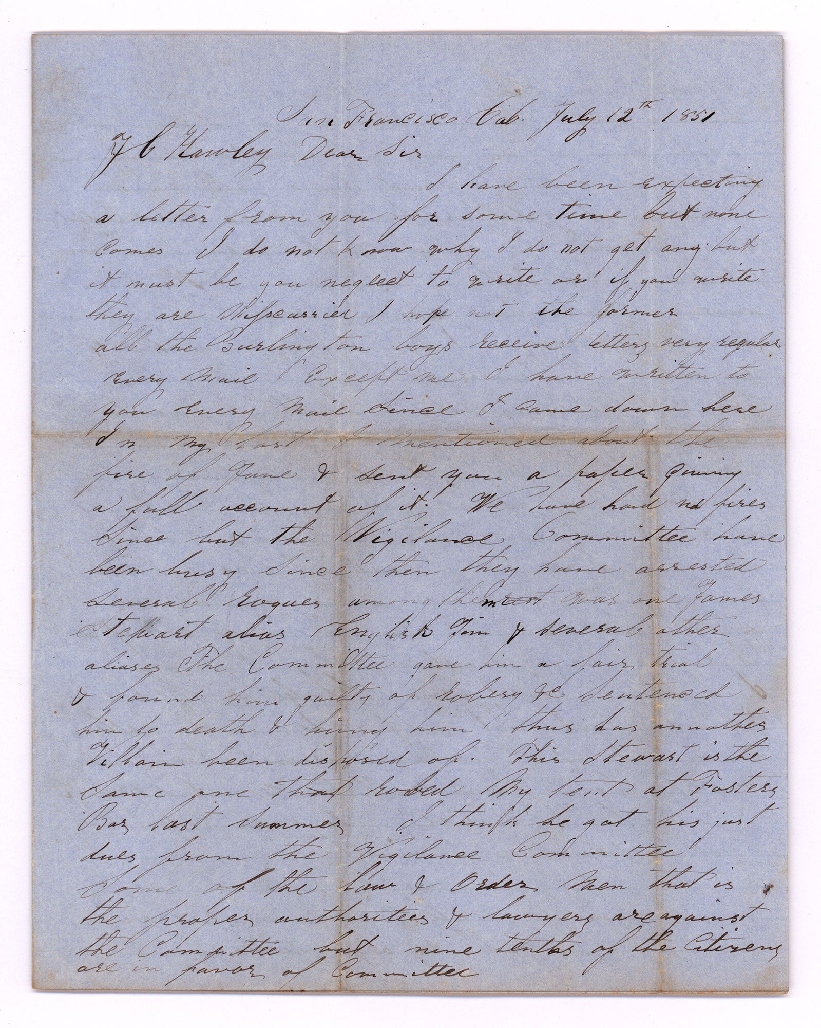 Autograph letter, signed, to one J. C. Hawley describing Gold Rush era ...