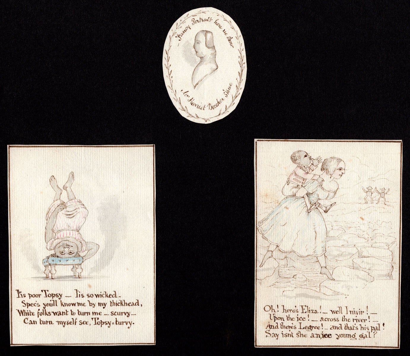 Three Original Ink And Watercolor Drawings Relating To Uncle Toms Cabin